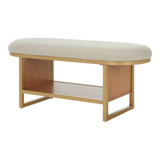 Contemporary Gold Accent Bench with Cushioned Seat and Convenient Shelf ...