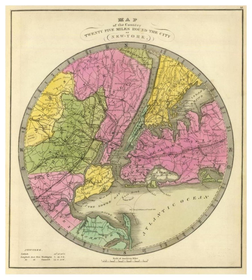 "Map of the Country 25 Miles Round City of New York, 1840" Paper Art ...