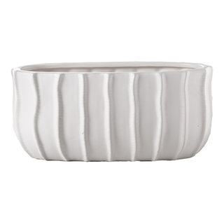 Oval Ceramic Vase with Embossed Line Column Pattern Matte White Finish ...