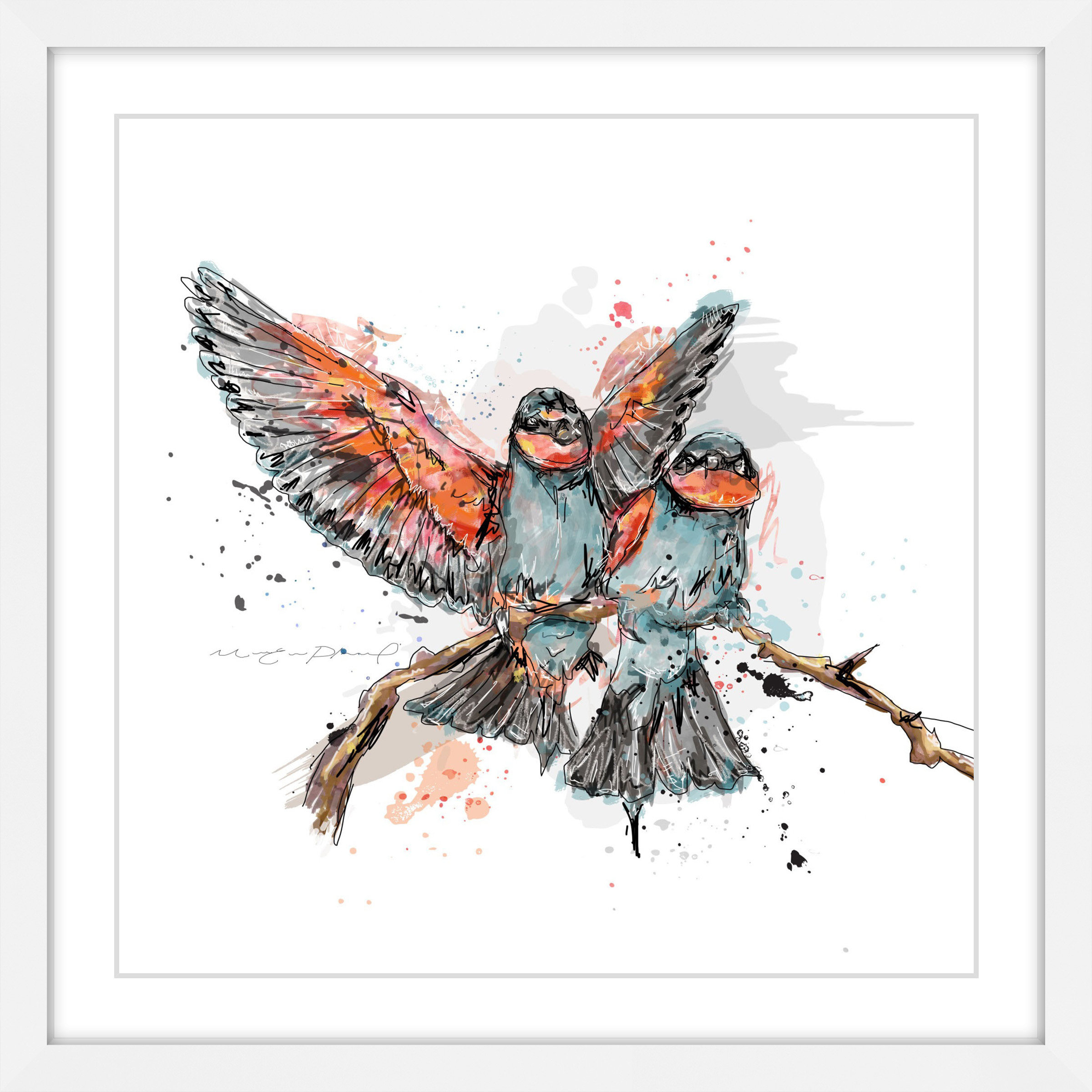 "Deux Oiseaux" Framed Painting Print, 18x18 - Contemporary - Prints And ...