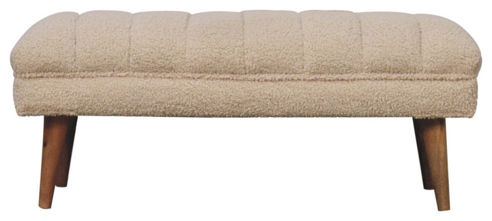 Solid Wood Cream Boucle Puffer Bench, Brown & Cream, Upholstered ...