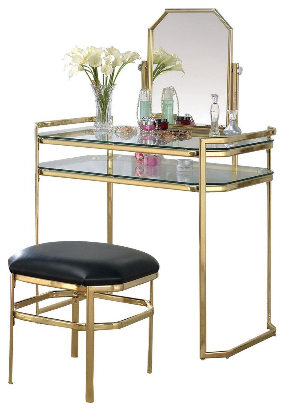 Contemporary Vanity with Open Shelf and Glass Top, Gold and Clear ...