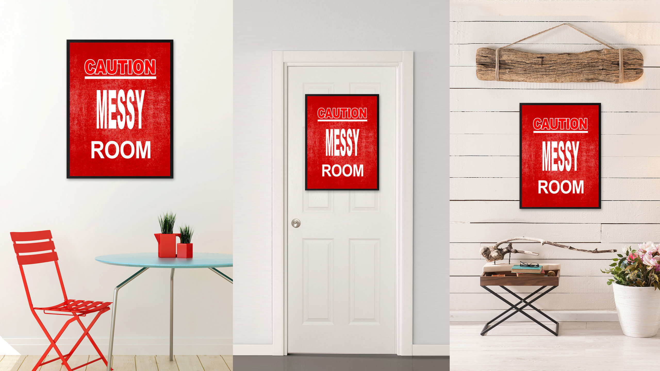 "Caution Messy Room" Sign Red Print on Canvas with Picture Frame, 13 ...