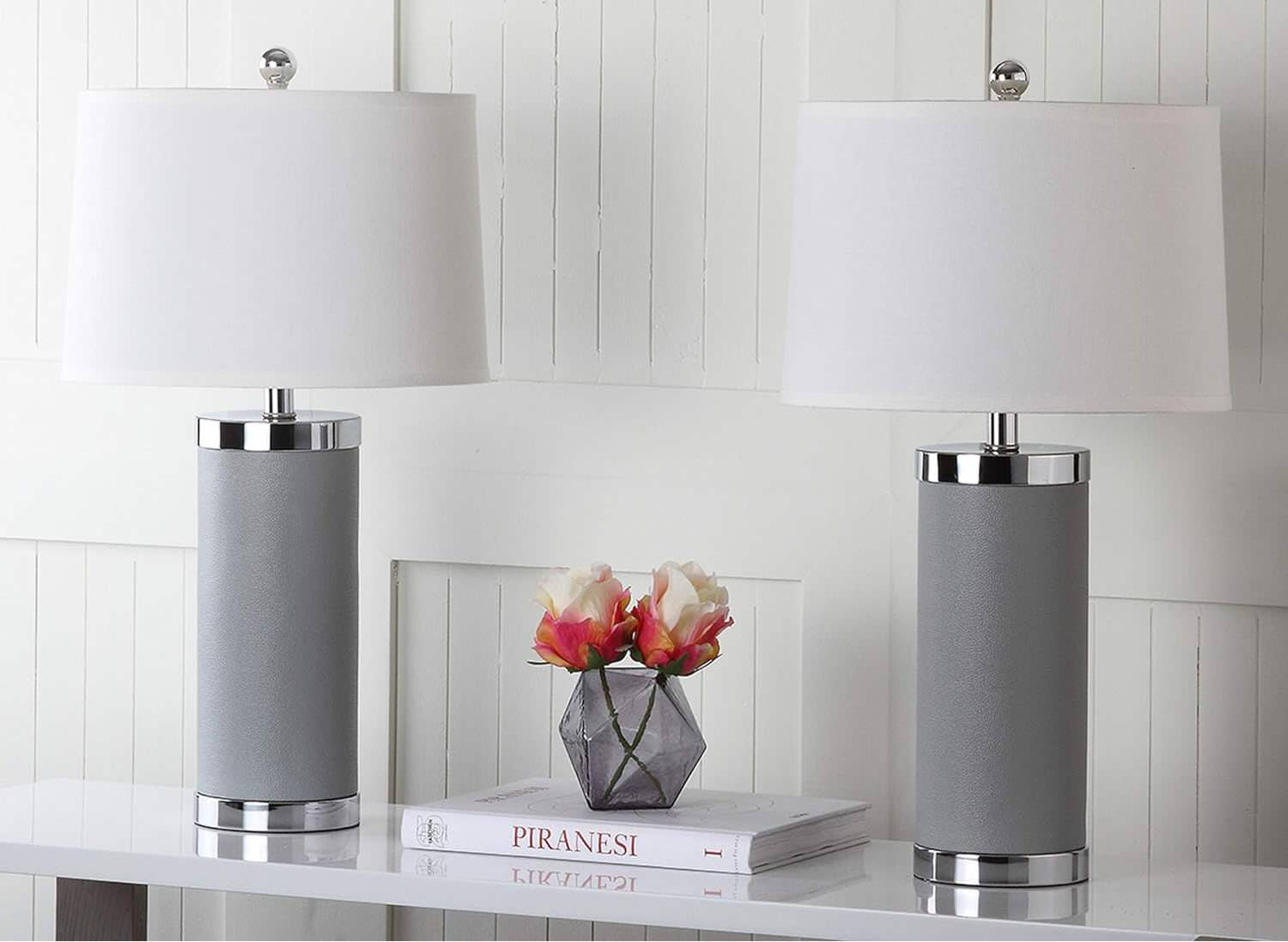 Modern Grey Faux Leather Column Table Lamps, 26" Set of 2 for Home or ...