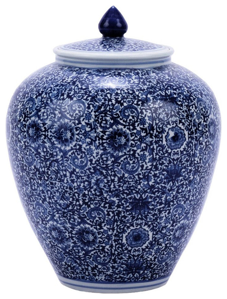 B&W Cluster Flower Ginger Jar, S - Asian - Decorative Jars And Urns ...