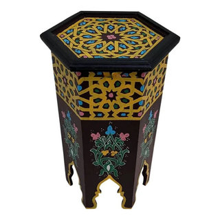 Small Moroccan Hexagonal Hand Painted Wooden Side Table, Maroon Zouak ...