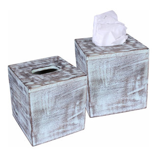 HomeRoots Set of 2 Rustic Green Washed Mango Wood Square Tissue Holders ...