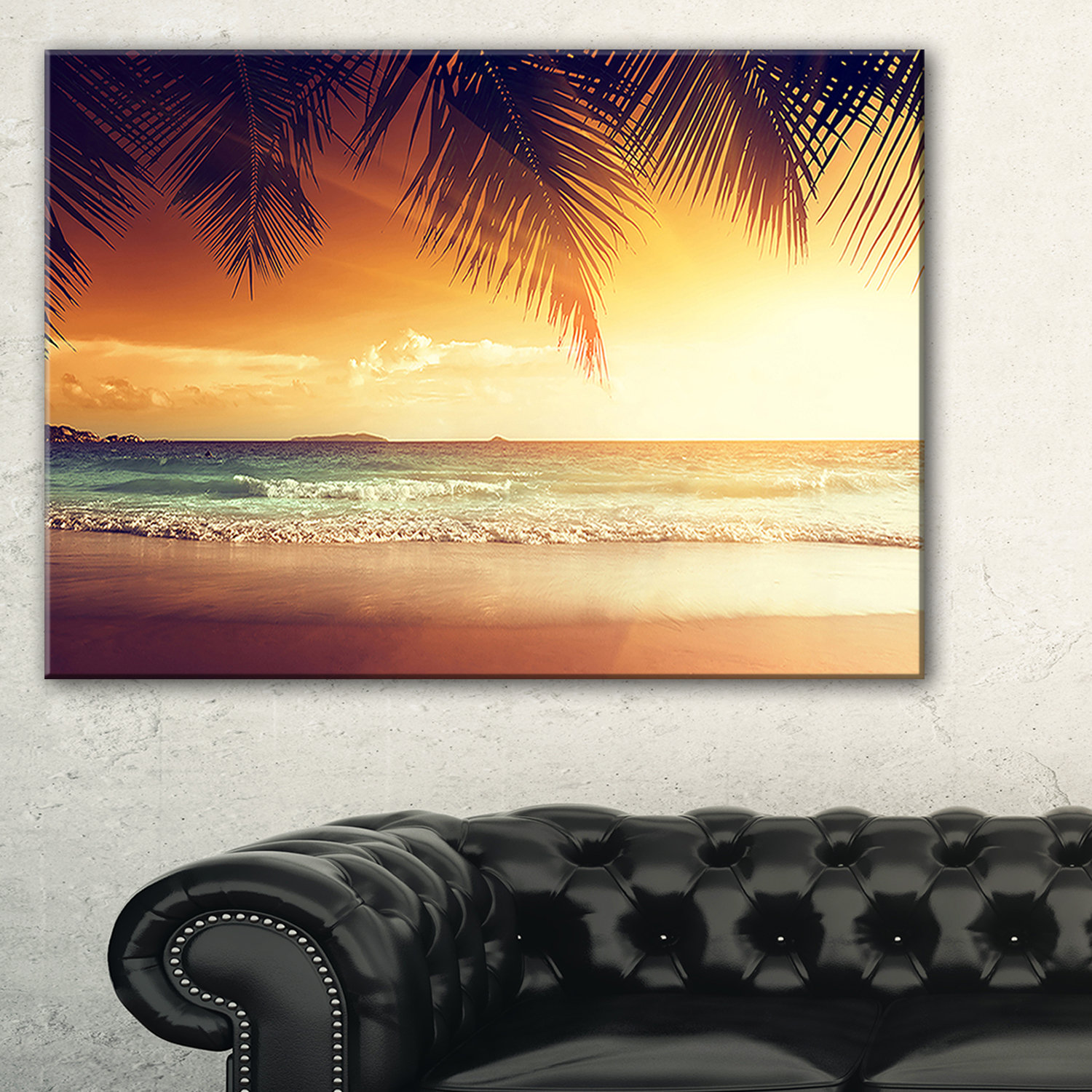 "Palm Leaves On Caribbean Seashore" Modern Seashore Wall Art, 60"x28 ...