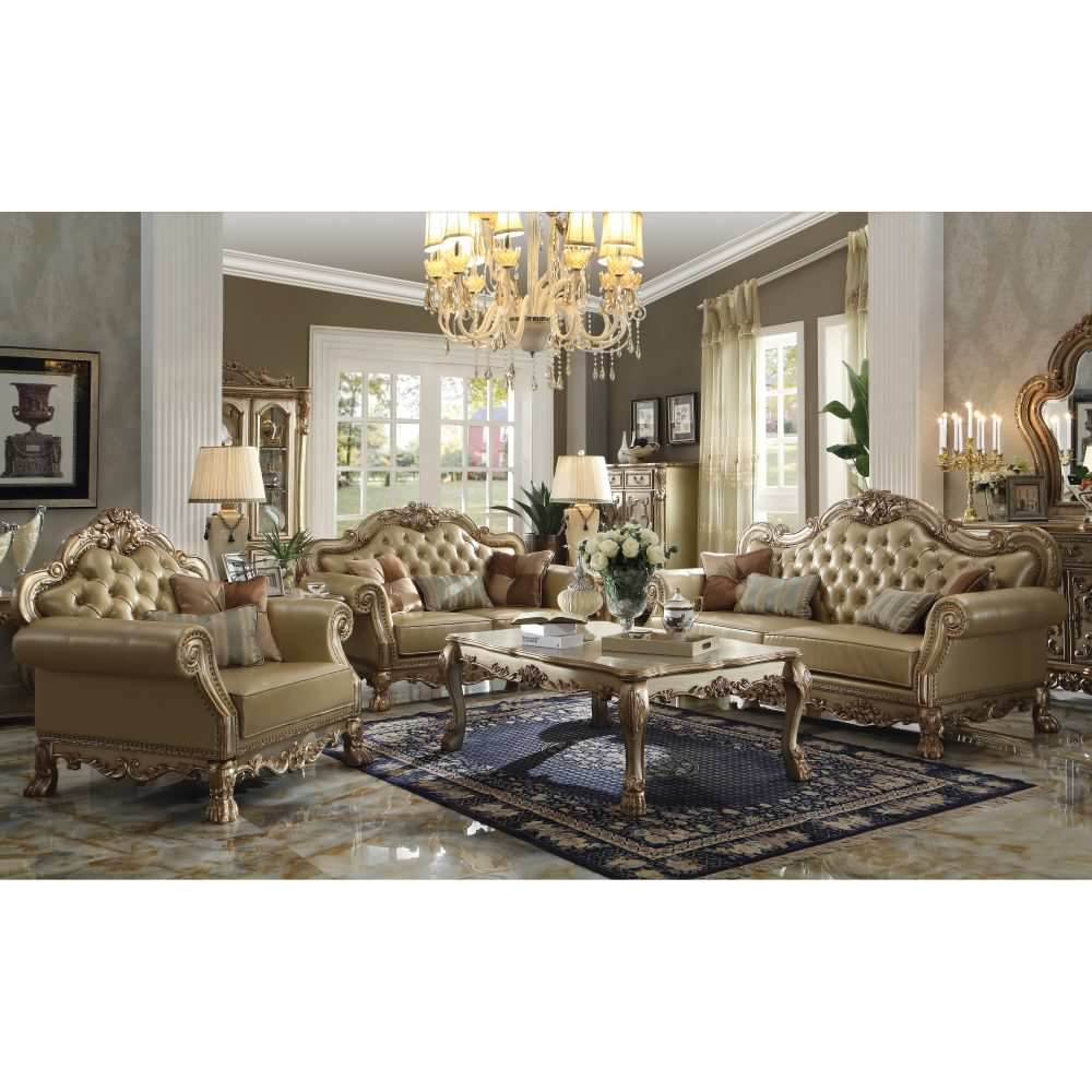 Dresden Sofa With 4 Pillows, Bone Synthetic Leather & Gold Patina ...