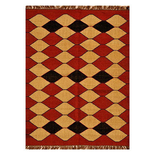 Handwoven Jute and Wool Waves Rug, Red, Yellow, and Black, 8'x11 ...