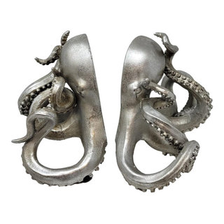 Vintage Style Large Octopus Bookend Set 2 Sea Life Silver Ornate 10 in ...