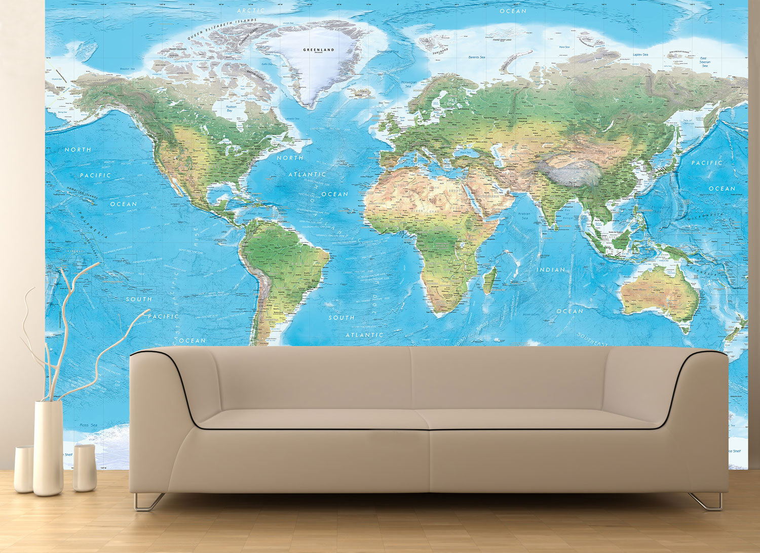 Natural World Physical Map Mural, Peel and Stick, 3-Panel, 107"x72 ...