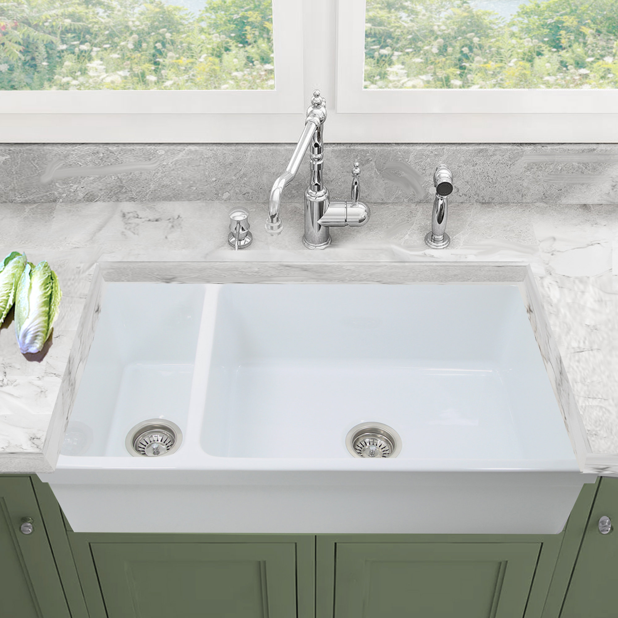 90/10 Reversible Double Bowl Italian Fireclay Farmhouse Sink ...