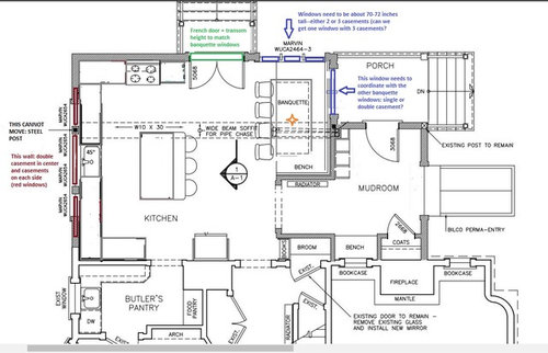 French doors and window alignment and clashing muntins.