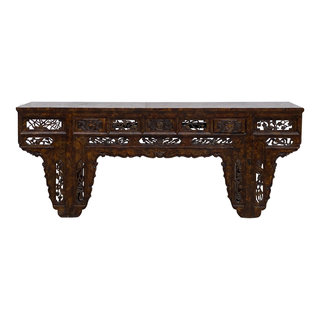 Chinese Brown Wood Open Flower RuYi Carving Apron Altar Console Table ...