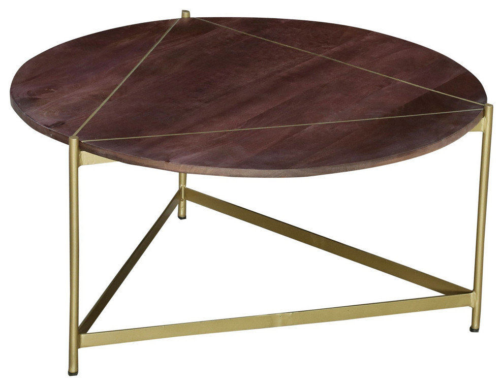 Ellis 32 Inch Round Wood Coffee Table with Brass Metal Base, Brown ...