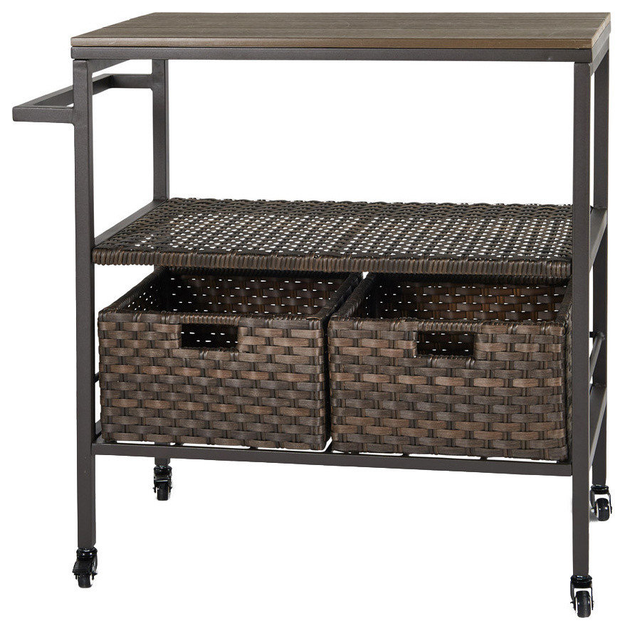 Wicker Patio Bar Cart With Wheels - Tropical - Outdoor Serving Carts ...