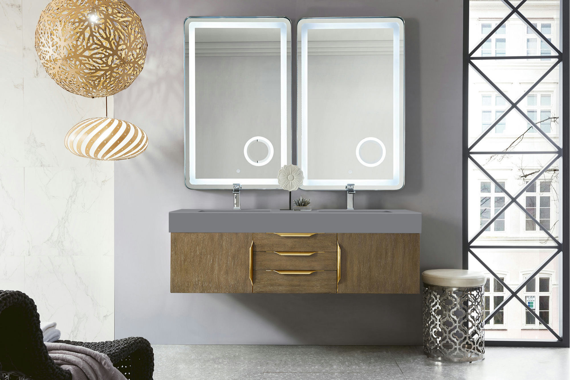 Mercer Island 59" Double Vanity Latte Oak Radiant Gold,Dusk Grey Composite Top - Contemporary ...