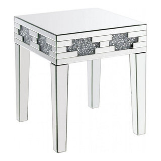 Benzara BM250673 End Table With Mirror Panel Framing and Faux Diamonds ...