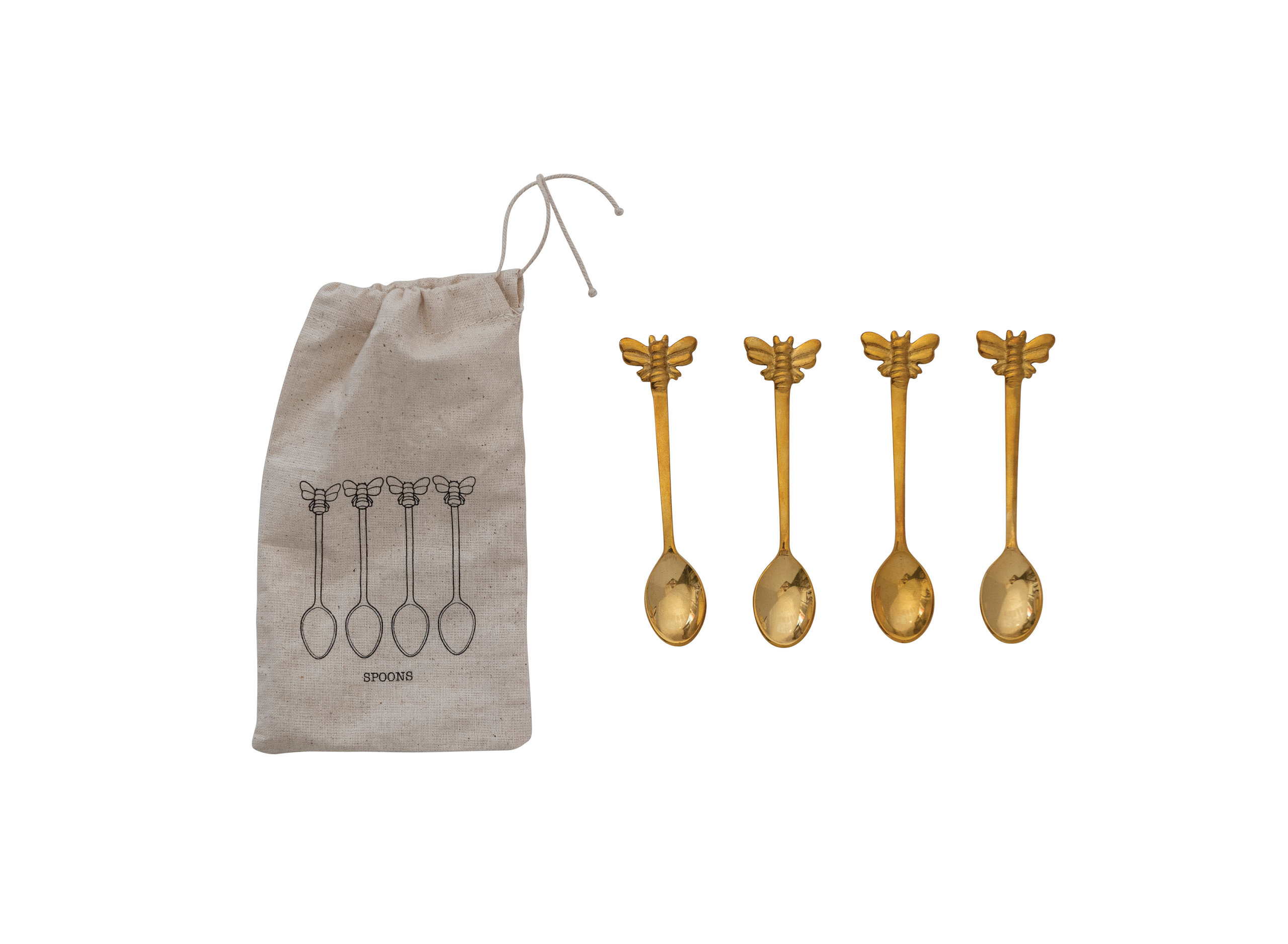 Farmhouse Brass Spoons with Bee Handles in Drawstring Bag, Brass Finish ...