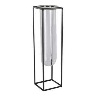 Square Metal Frame Vase with Hanging Glass Tube, Set of 2, Large, Black ...