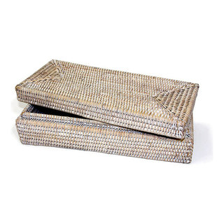White Wash Rattan Long Rectangular Lidded Box - Contemporary ...