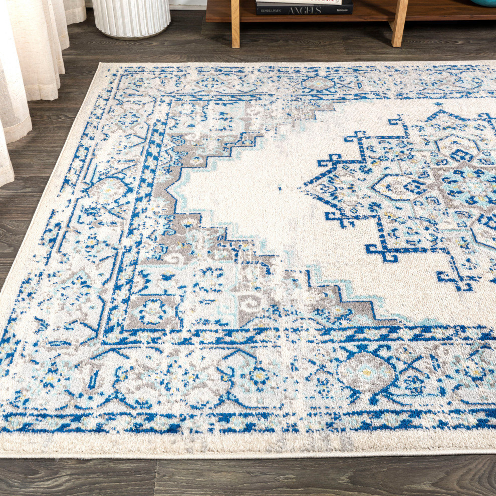 Inigo Blue and White Cottage Medallion Area Rug, 2 X 8 - Contemporary ...