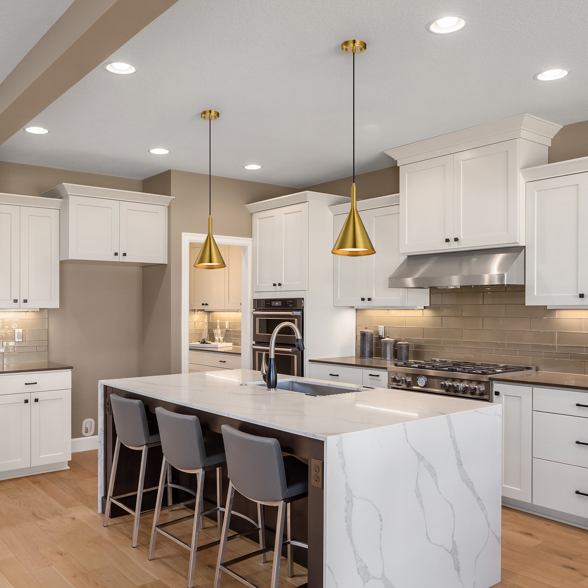 Carson 1-Light Gold Metal Cone Hanging Kitchen Pendant Light - Modern ...