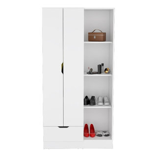 Pemberly Row Engineered Wood Armoire with 4-Tier Open Shelves in White ...