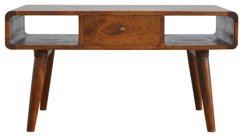 Solid Wood Curved Chestnut Coffee Table, Brown, 1 Drawer, 2 Open Slots ...