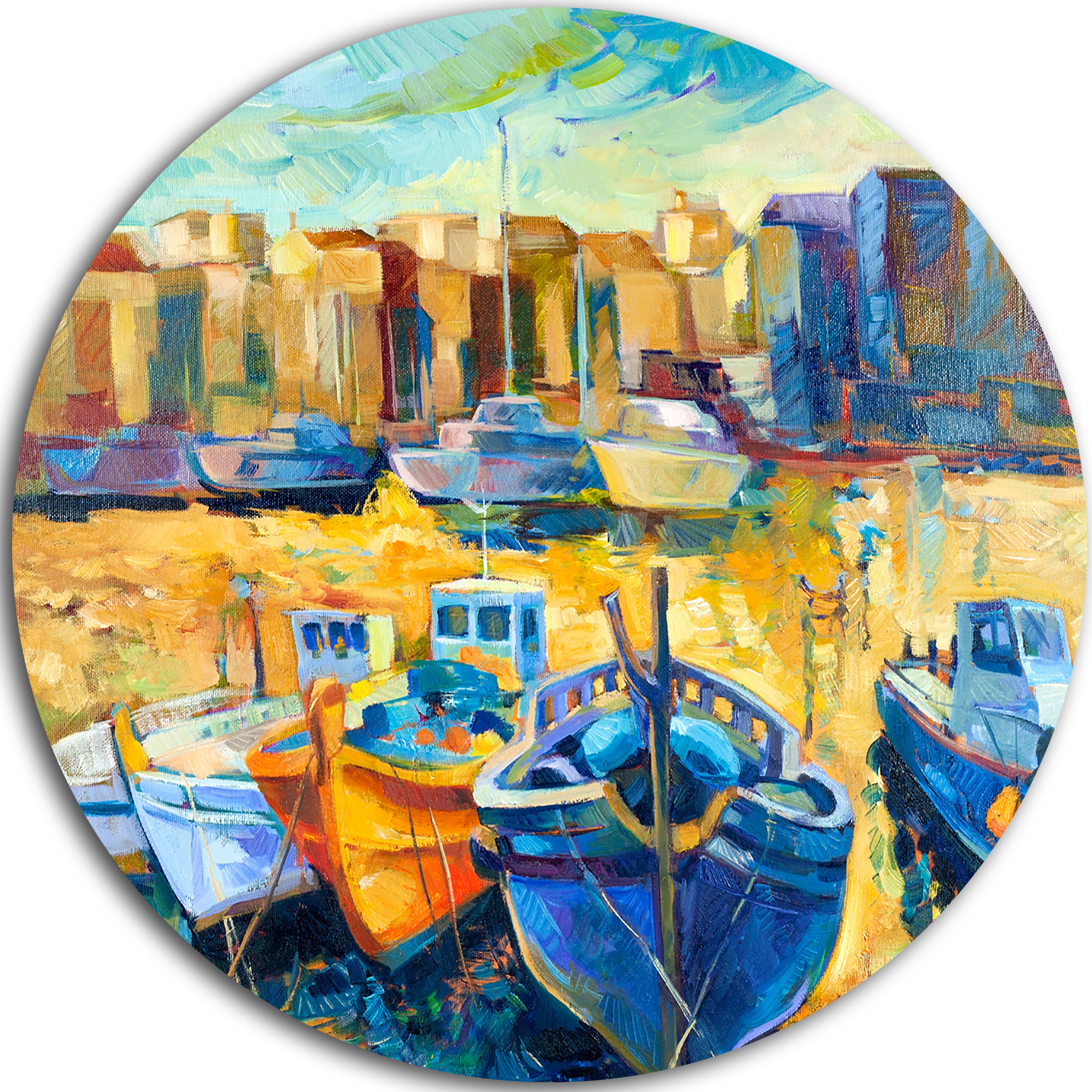 Wharf And Boats, Seascape Painting Disc Metal Artwork, Disc of 23 inch ...