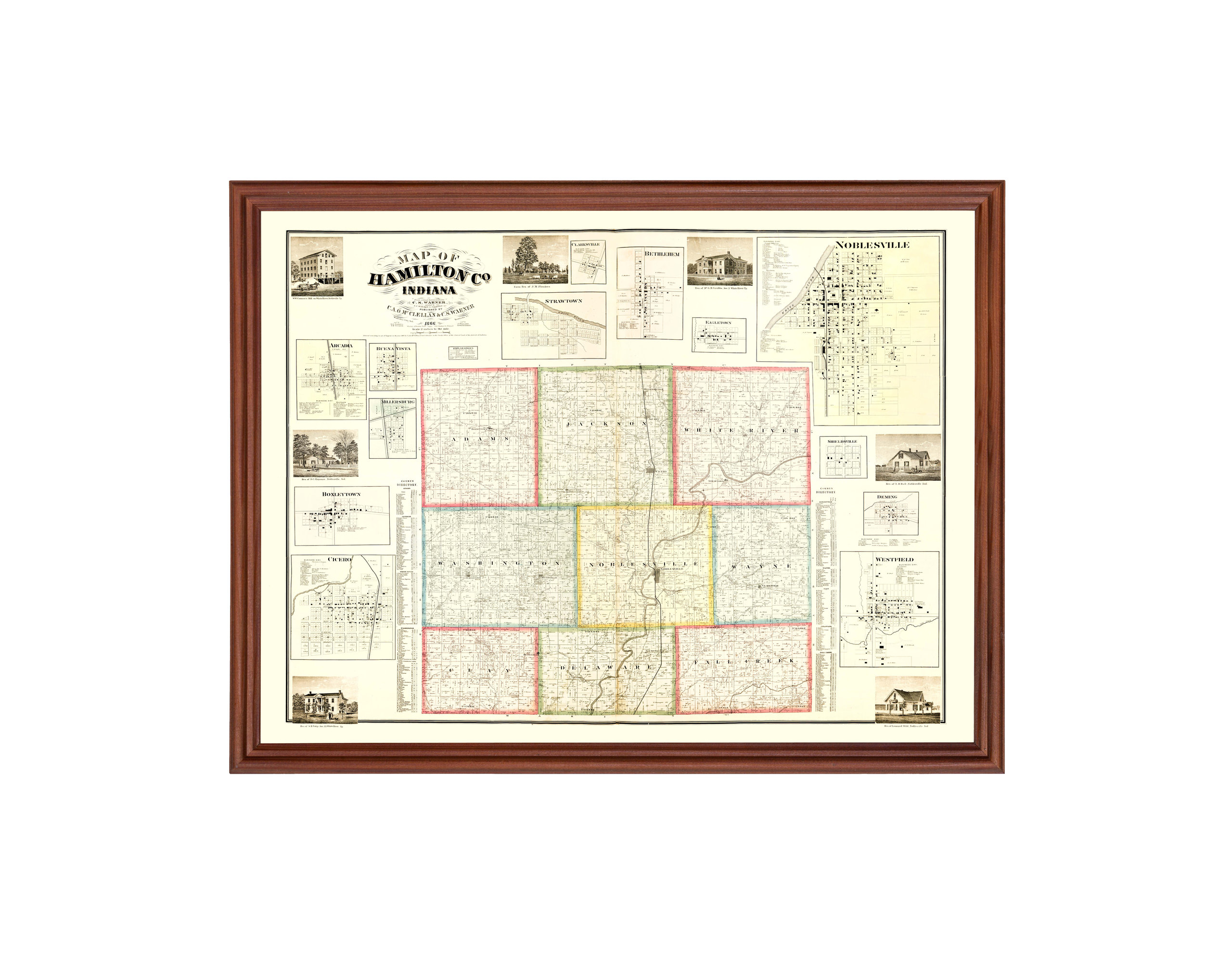 Hamilton County Map Framed Art 1866, Vintage Indiana Wall Decor, 24x18 ...