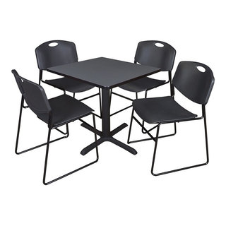 Cain 30" Square Breakroom Table, Gray and 4 Zeng Stack Chairs, Black ...