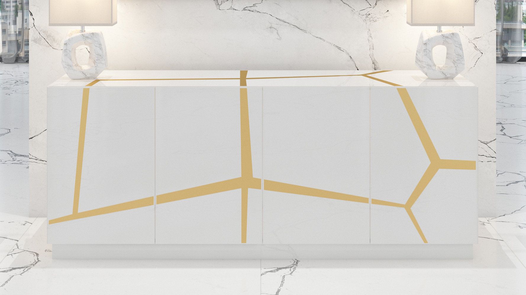 78.8" Modern Staton Buffet Glossy White Lacquer Champagne Gold ...