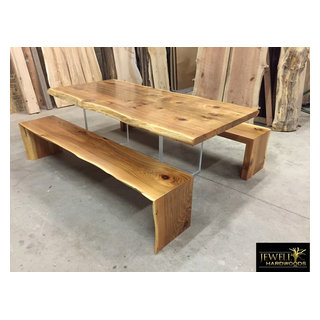 Live Edge Cedar Dining Table with Plexi-Glass Base & Matching Waterfall Benches - Contemporain ...