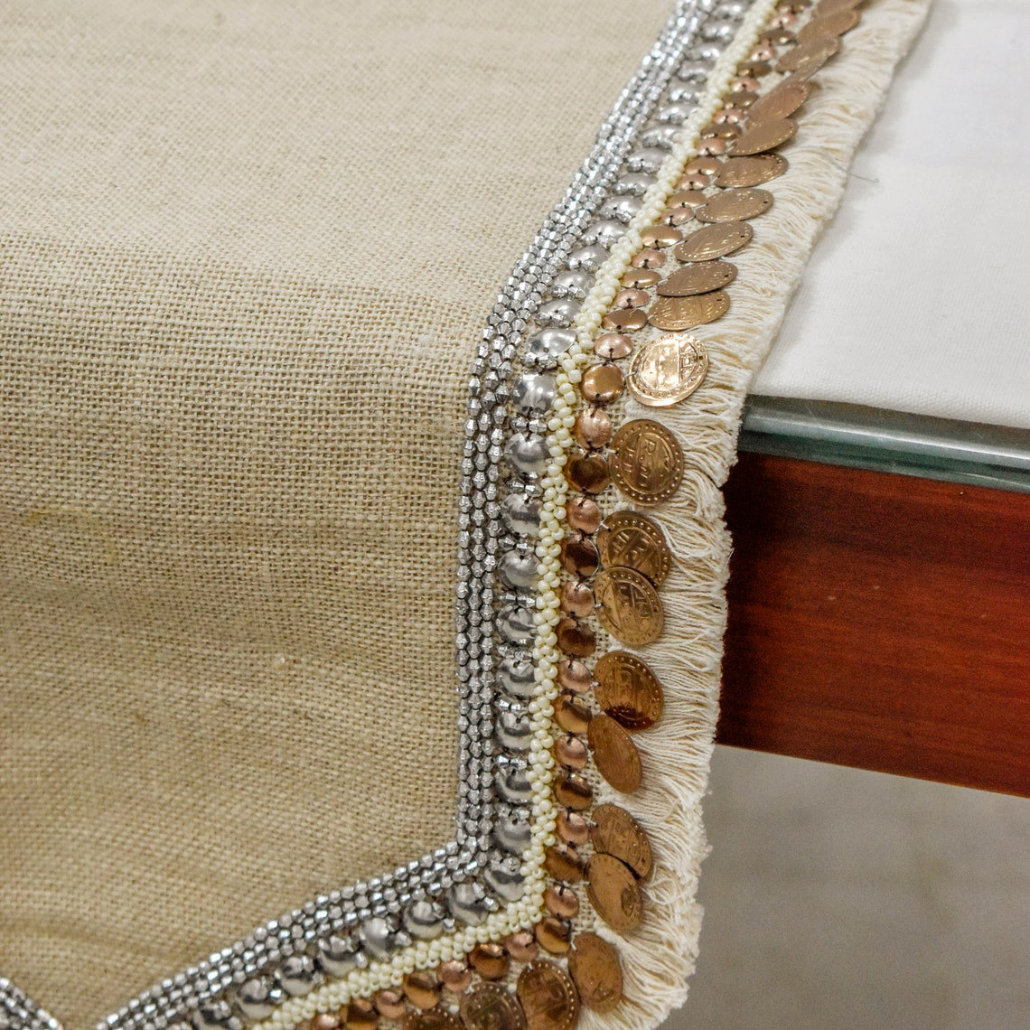 Decorative Table Runner Beige Burlap, Lace, Bead, Sequins Marima, 16 ...