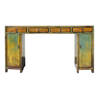 Chinese Distressed Blue Mustard Yellow 4 Drawers Console Altar Table ...