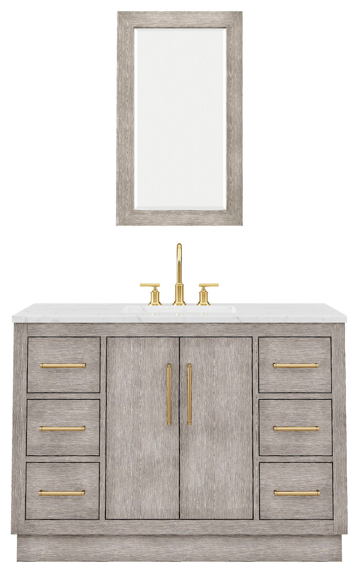 48" Single Sink White Marble Top Vanity, Grey Oak, Faucet, Mirror ...