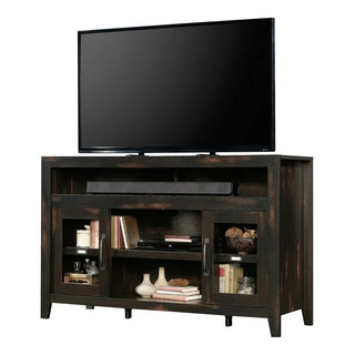 Engineered Wood Rustic TV Console with Cord Access and Open Storage ...