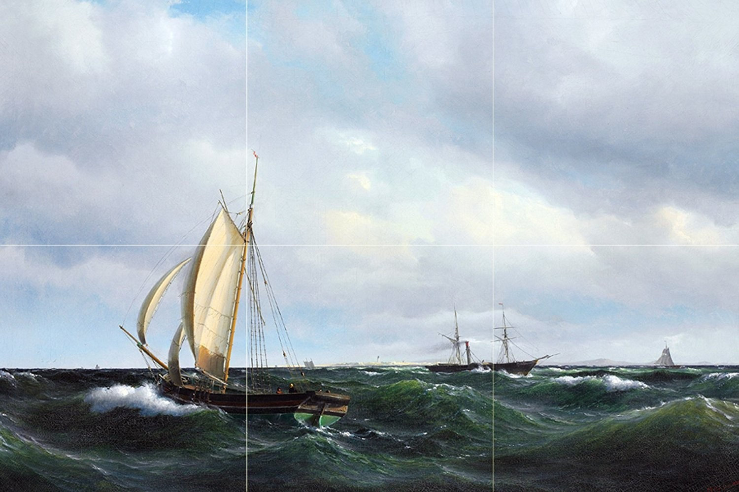 Tile Mural Kitchen Backsplash Seascape Emerald Sea Waves Sailboat Boat ...