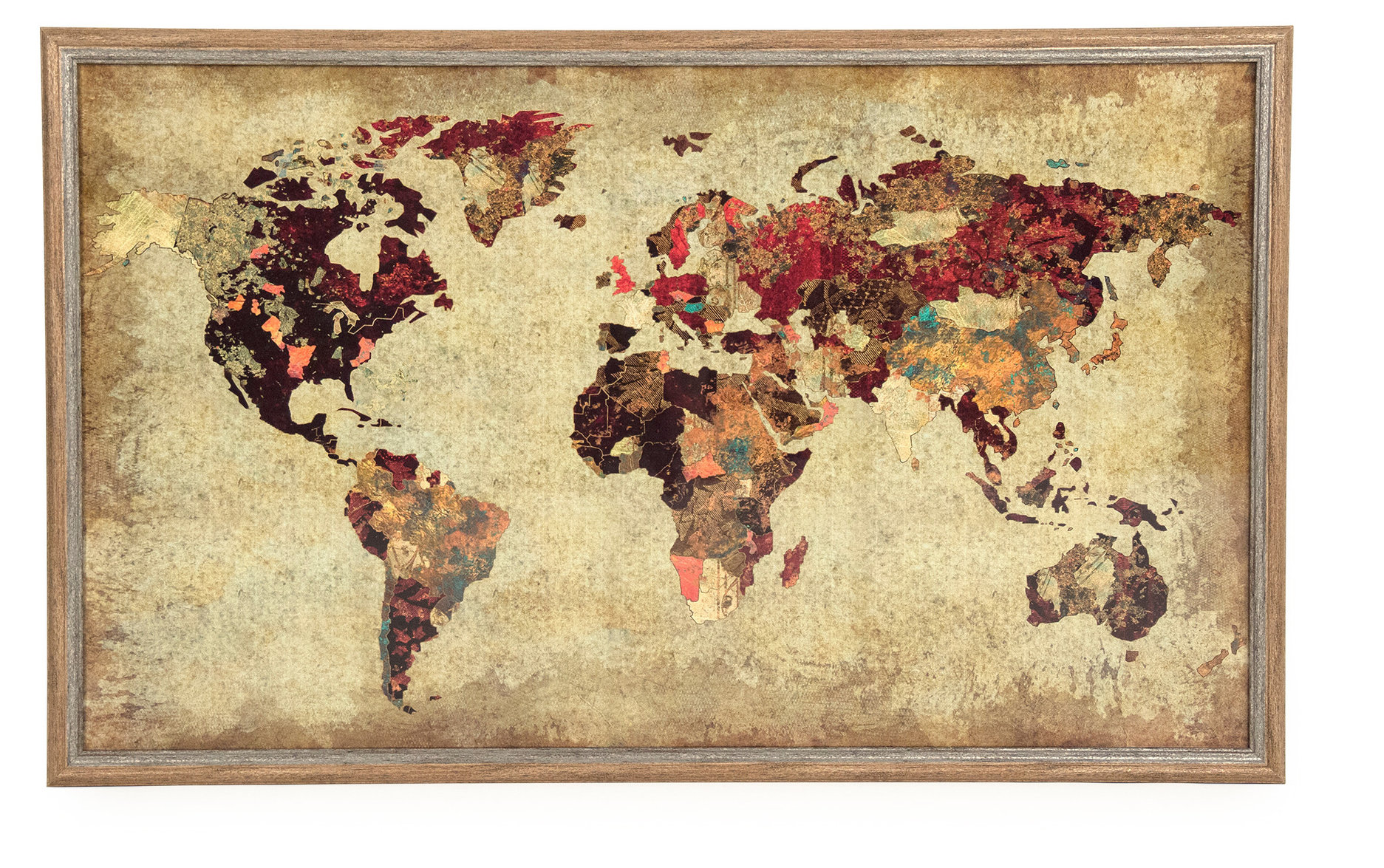 Vintage World Map Art Print, Distressed Wooden Frame - Contemporary ...