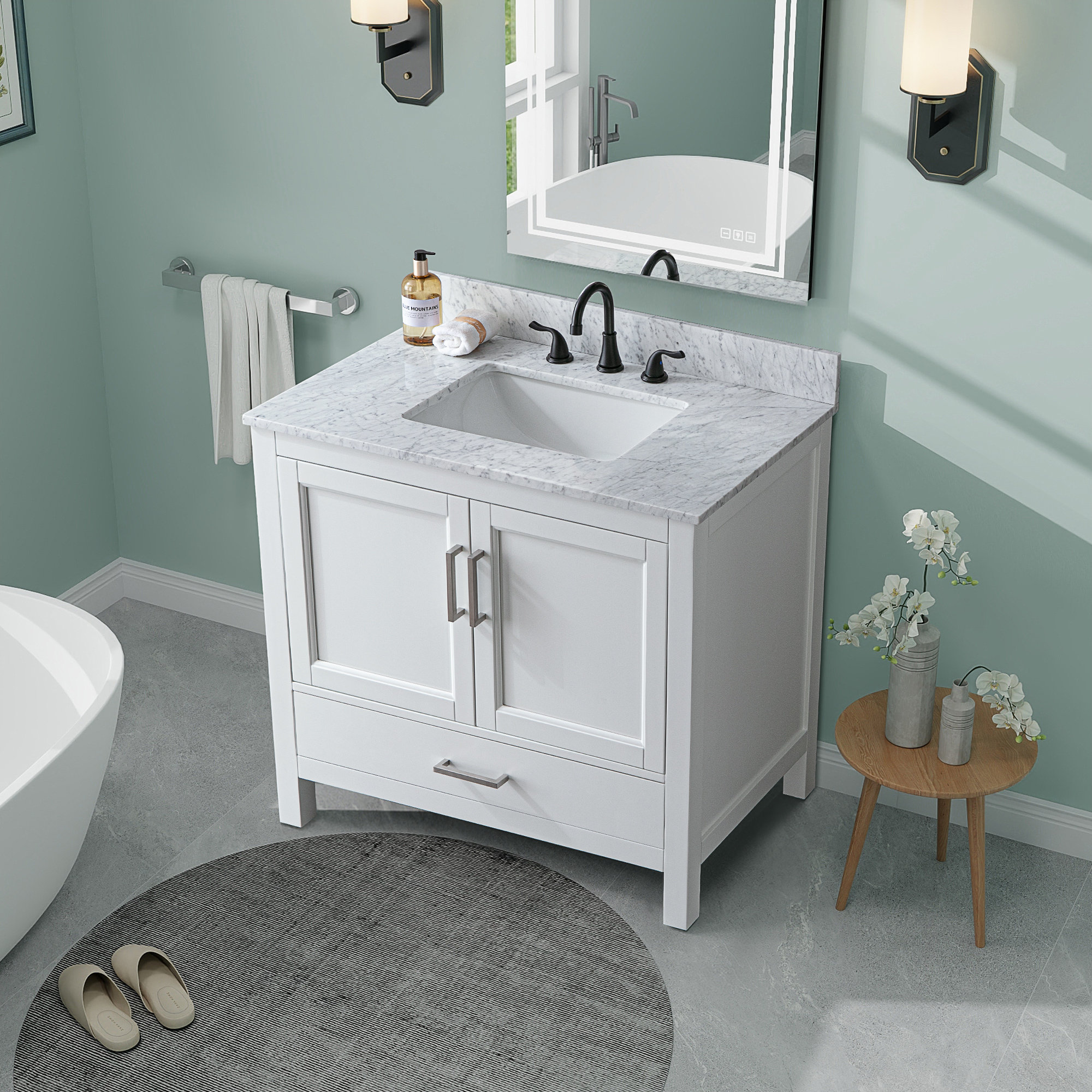 Bathroom Vanity with Carrara Marble Top with Basin, 36'' - Transitional ...
