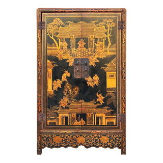 Vintage Chinese Black Copper Gold Scenery Graphic Storage Cabinet ...
