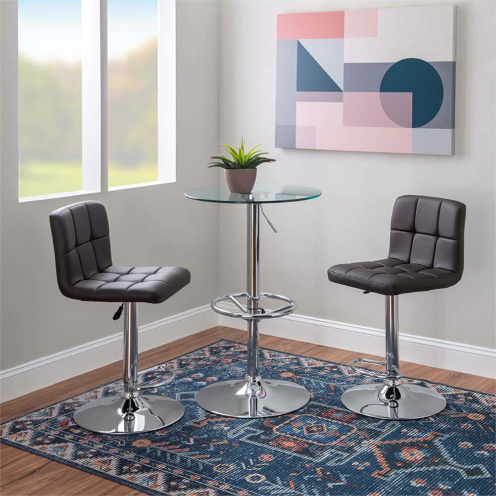 Linon Tate Three Piece Adjustable Pub Table Set in Chrome/Brown Faux ...