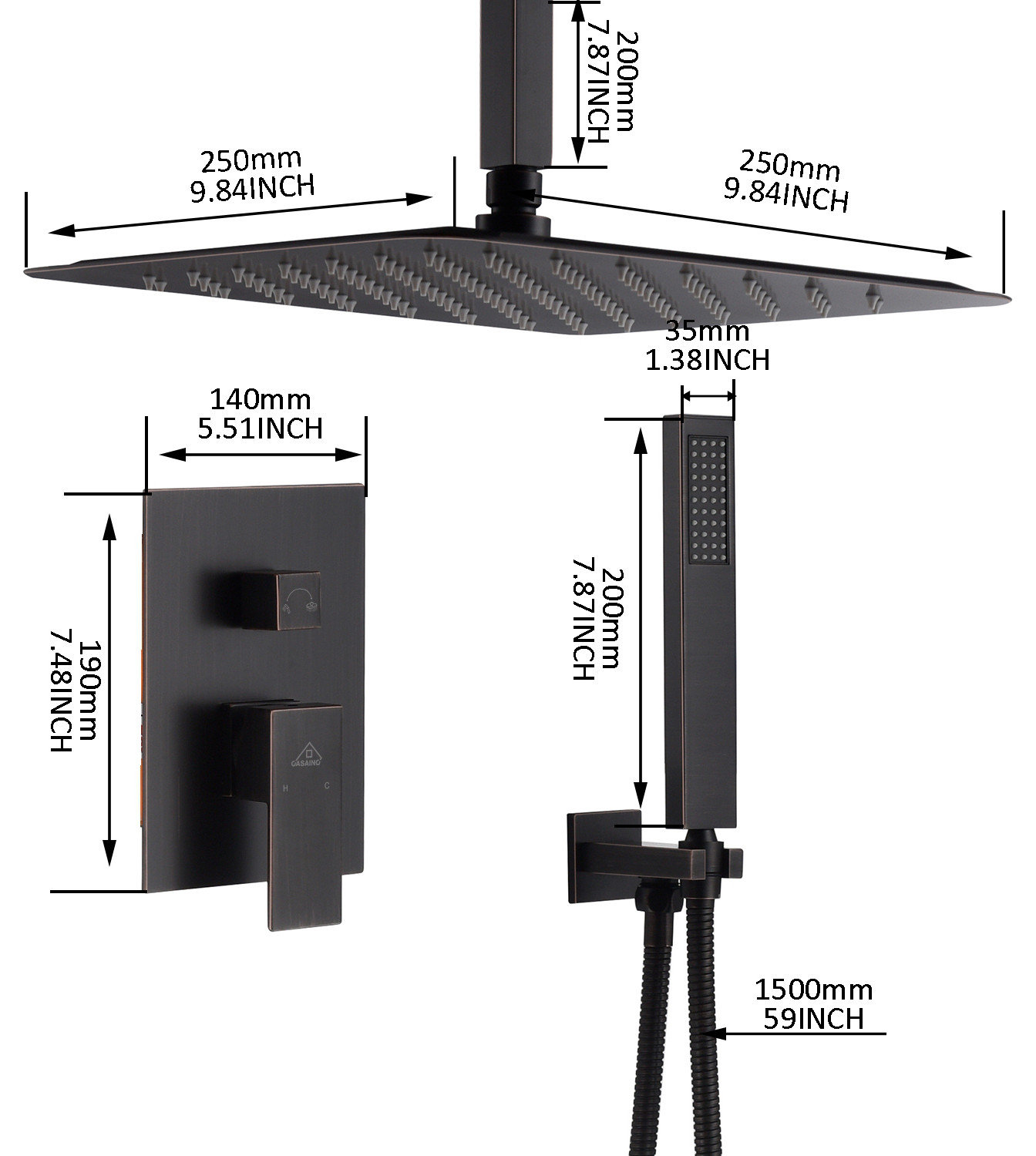 CASAINC 10" Ceiling Mount Dual Rainfall Shower Head Shower System Kit ...