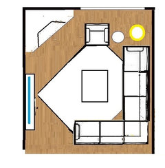 rug placement with diagonal fireplace