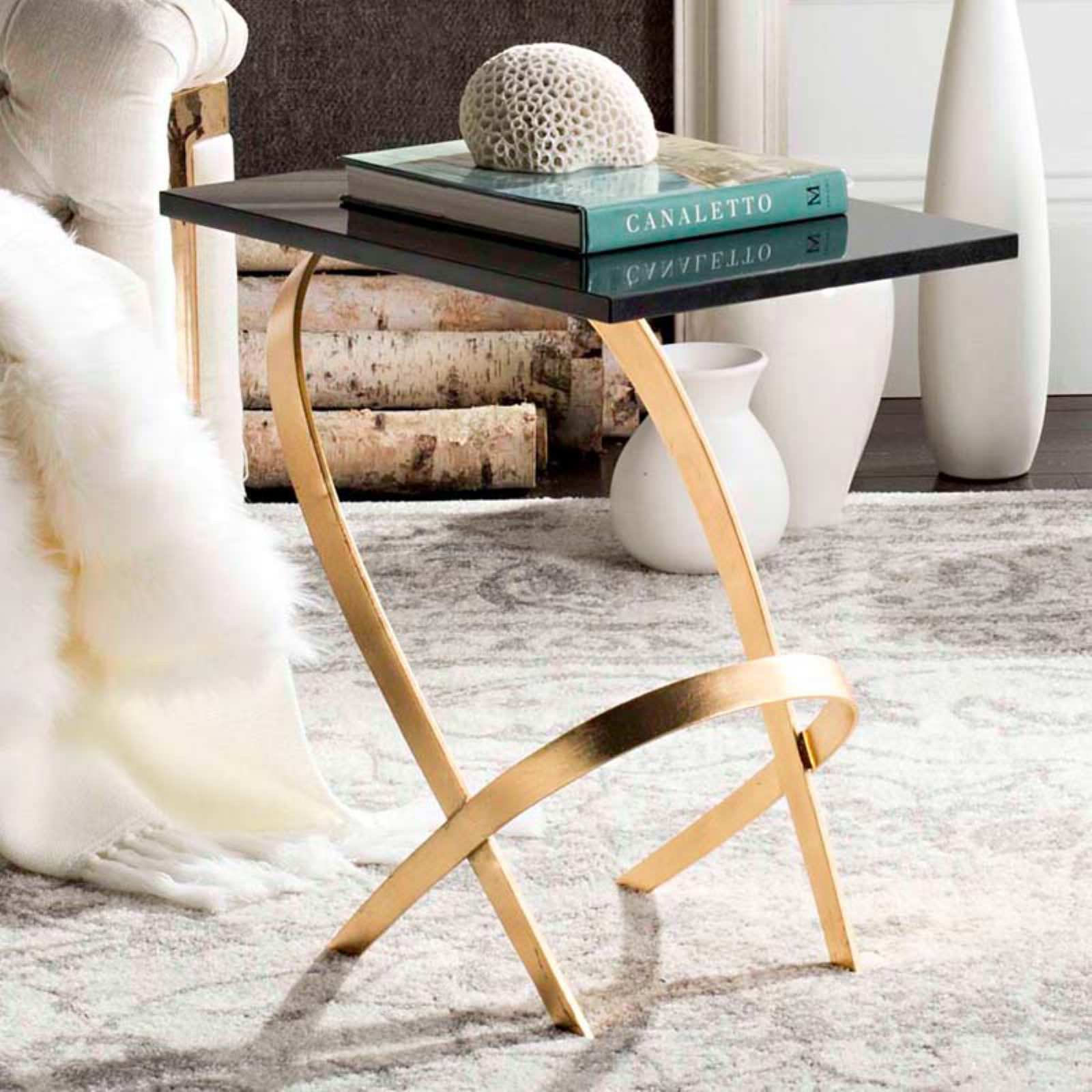 Modern Side Table, Unique Horseshoe Golden Metal Base With Thick Black ...