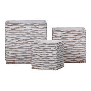 Transitional Square Shape Pot with Ocean Wave Pattern, Set of 3,White ...