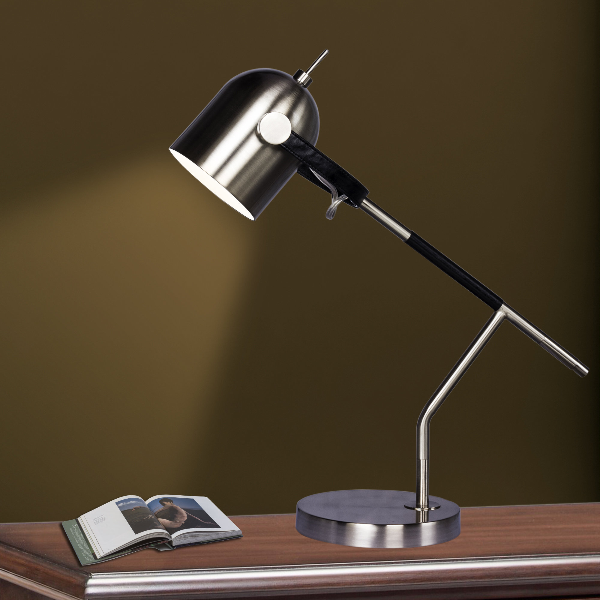 20.5" Wrapped Black Leather & Brushed Steel Metal Task Lamp, 20.5 ...