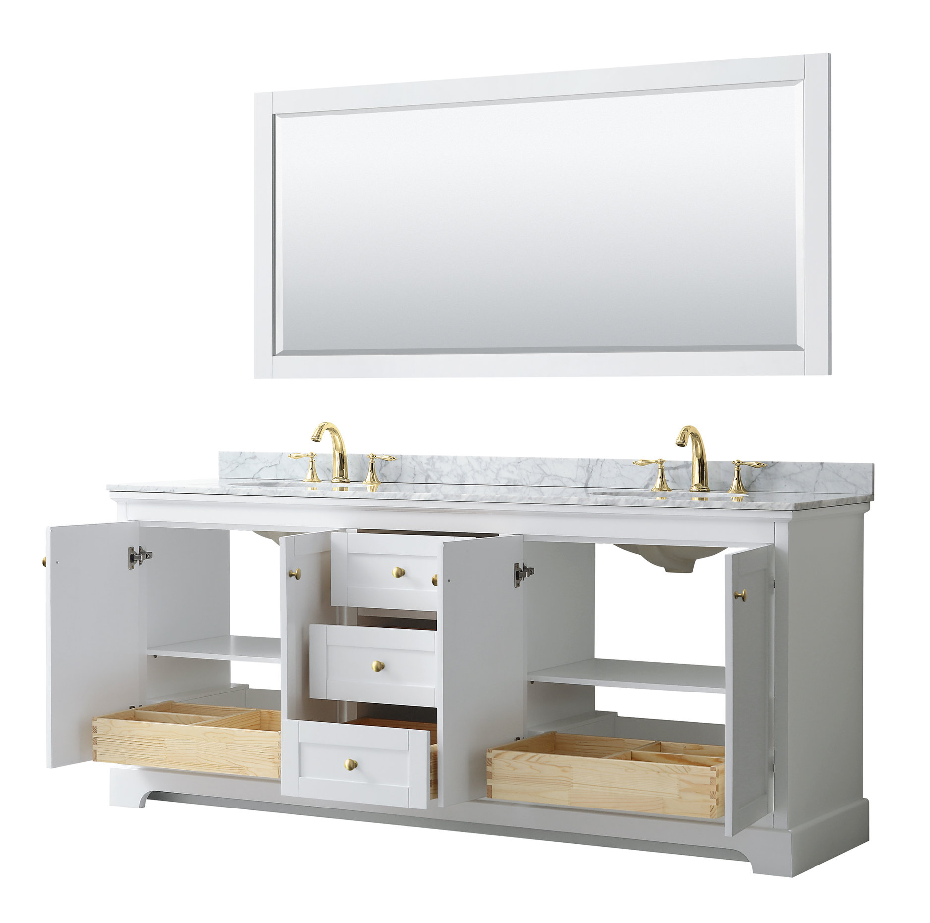 Avery 80" Double Vanity, White, Top, Oval Sinks, Brushed Gold Trim ...